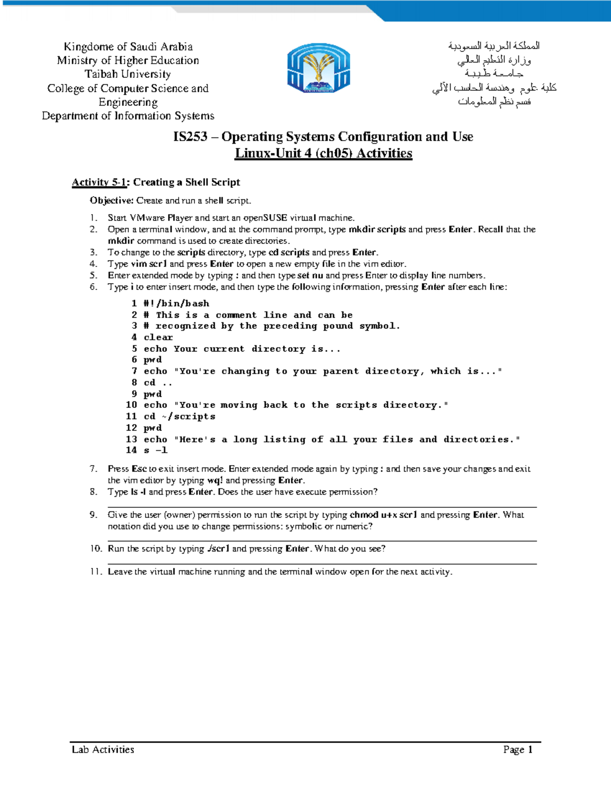 IS-253 Activities Linux Unit-4 (ch5) - Ministry of Higher Education Taibah University College of ...
