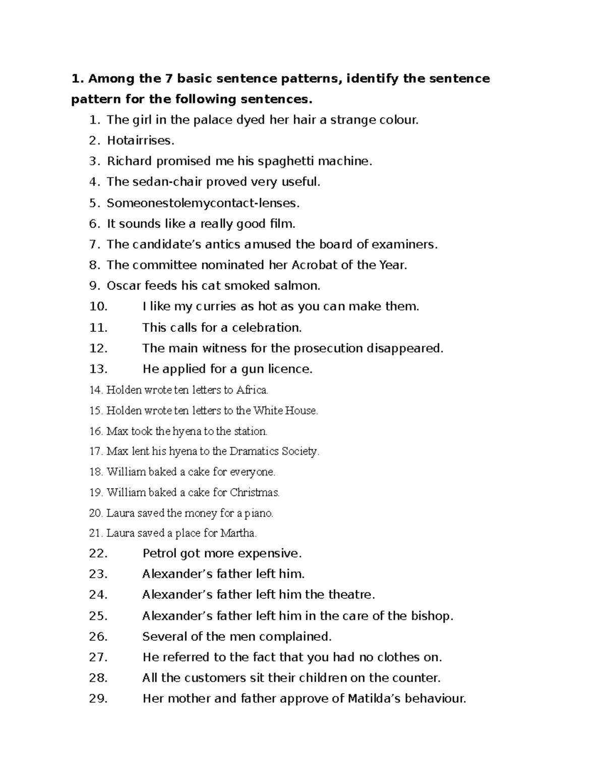 Homework - Sentence Patterns - Among the 7 basic sentence patterns ...