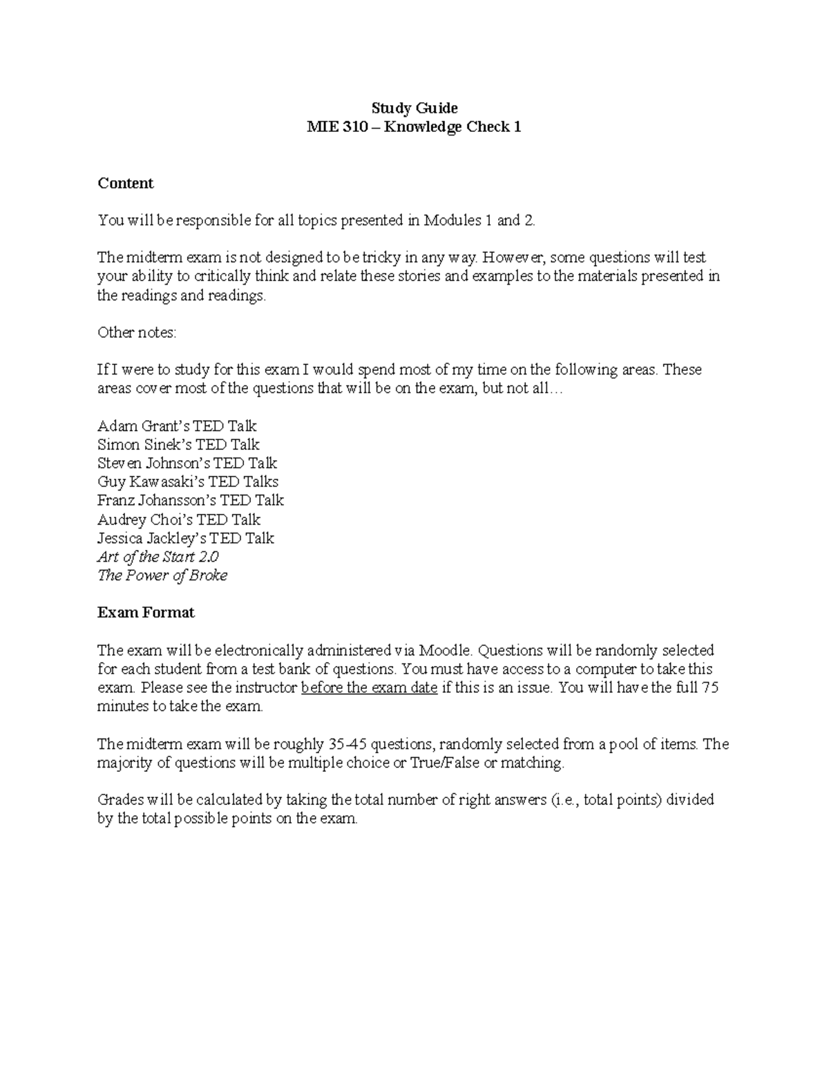 Study Guide- Knowledge Check 1 - Study Guide MIE 310 – Knowledge Check ...