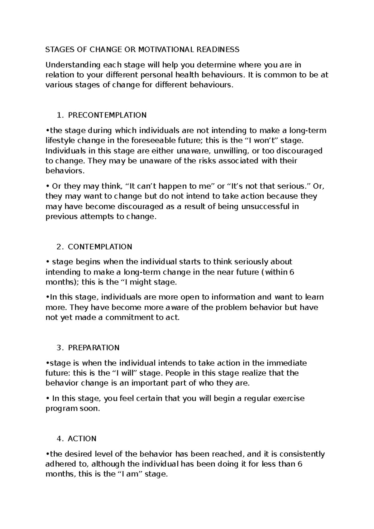 Pathfit notes - STAGES OF CHANGE OR MOTIVATIONAL READINESS ...
