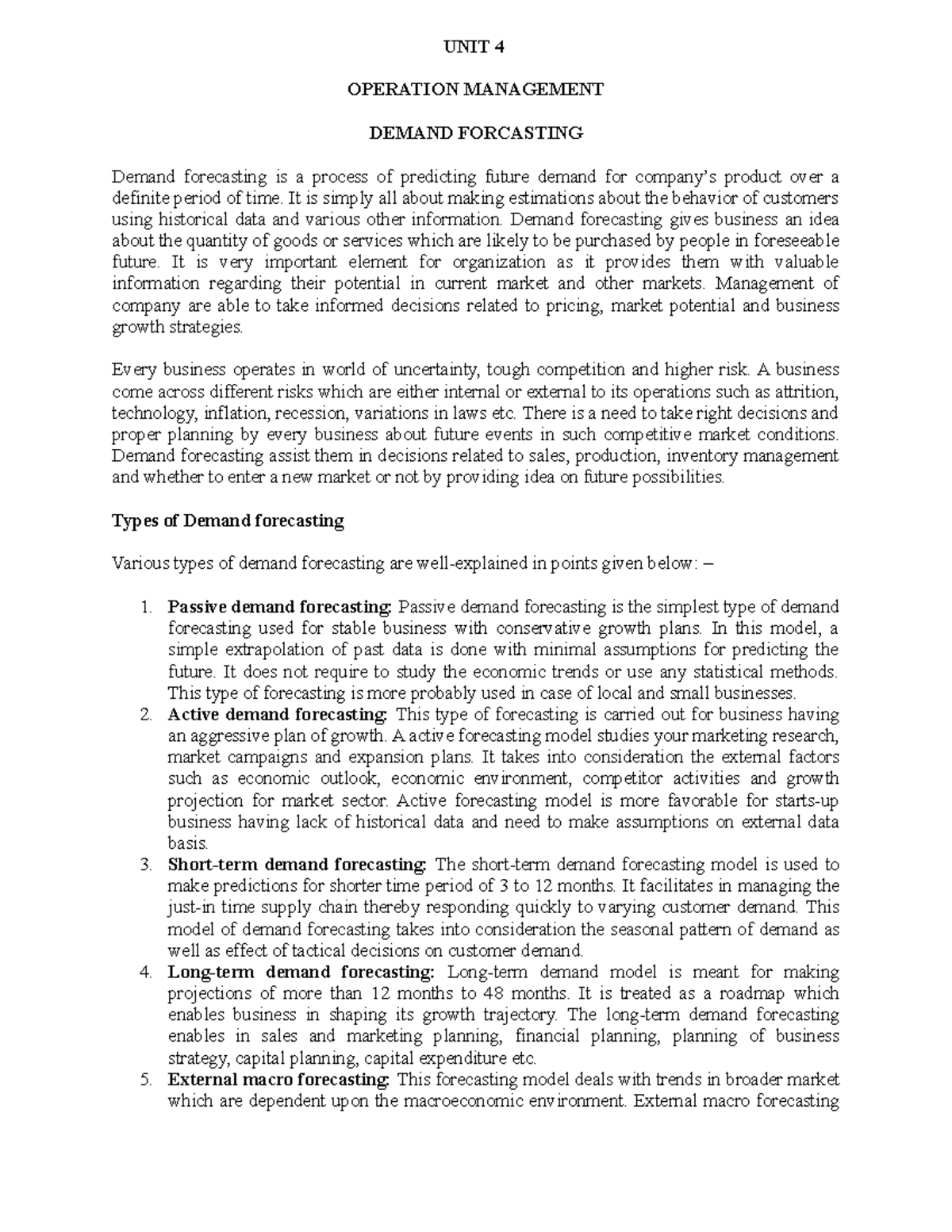 UNIT 4 Operation Management (new) - UNIT 4 OPERATION MANAGEMENT DEMAND ...