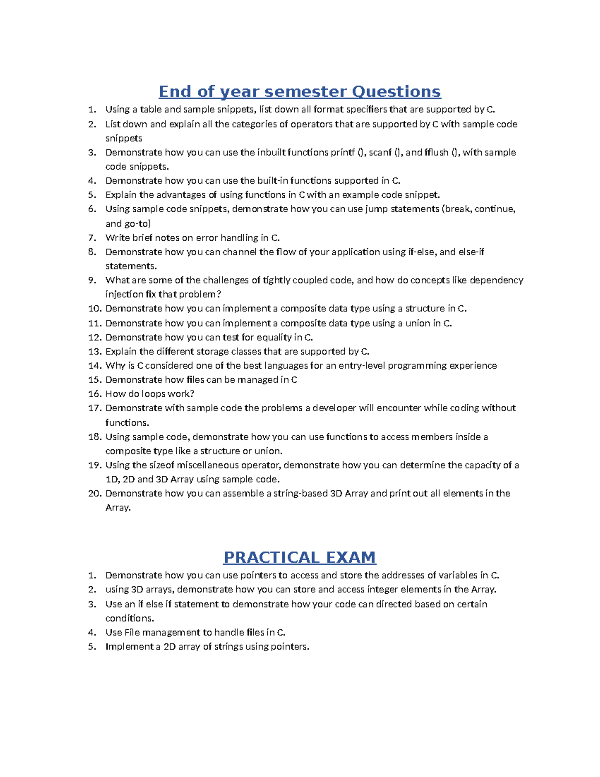 End of year semester Questions - Using a table and sample snippets ...