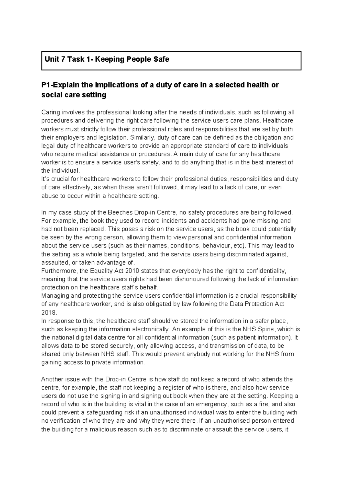btech HSC - Unit 7 - Task 1 - Unit 7 Task 1- Keeping People Safe P1-Explain the implications of ...