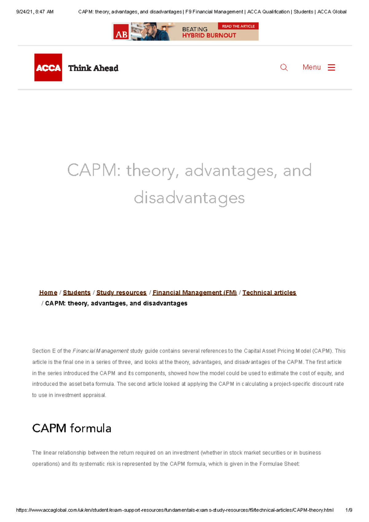 Tecchnical article on theories, advantages and disadvantages of CAPM ...