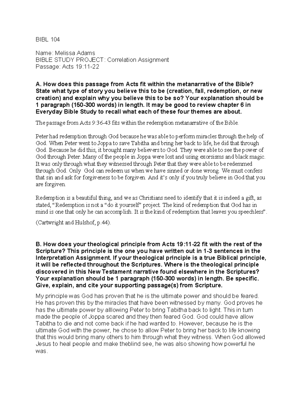 Bible Study Project Correlation Assignment - BIBL 104 Name: Melissa ...