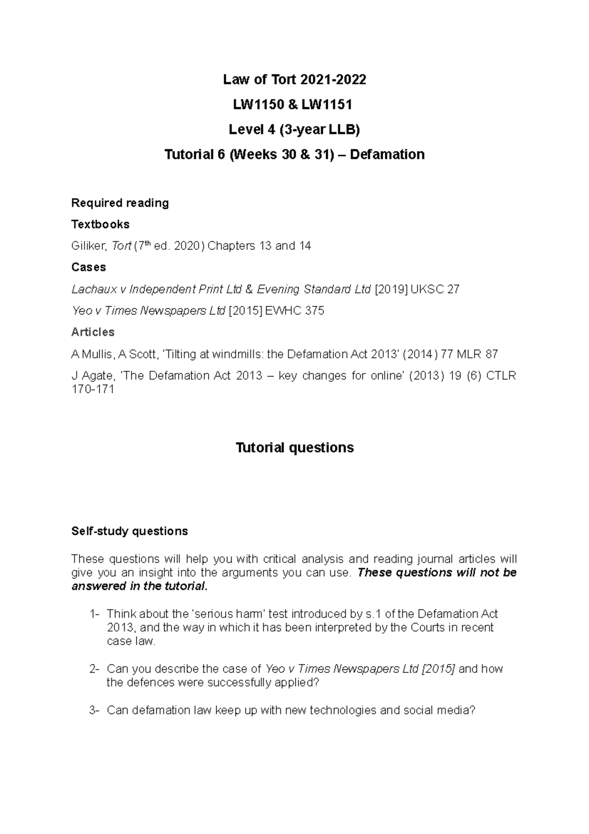 Tort- Tutorial 6 problem question defamation - Law of Tort 2021- LW1150 ...