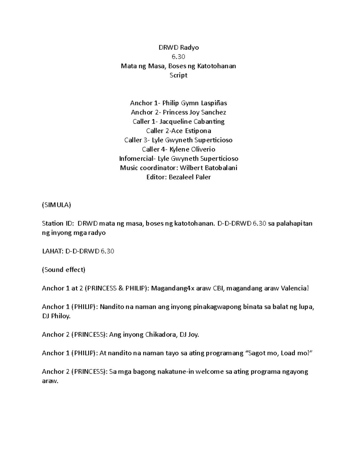Radio-broadcasting - DRWD Radio script sample - DRWD Radyo 6. Mata ng ...
