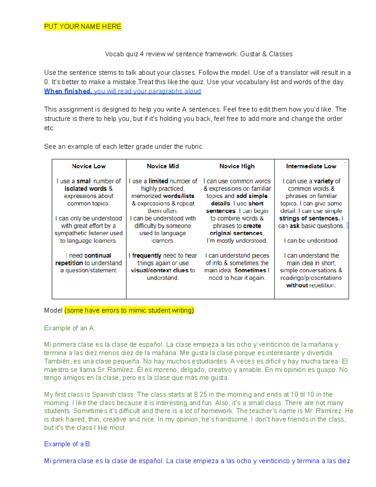 Sentence Framework Vocab quiz 4 review - PUT YOUR NAME HERE Vocab quiz ...
