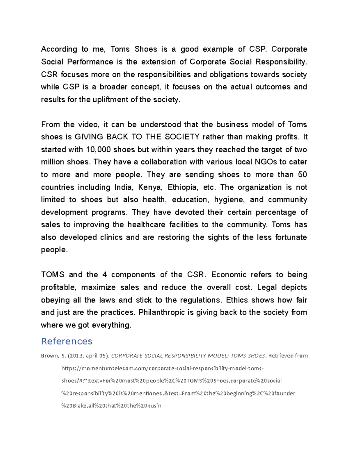 TOM - good document - According to me, Toms Shoes is a good example of ...