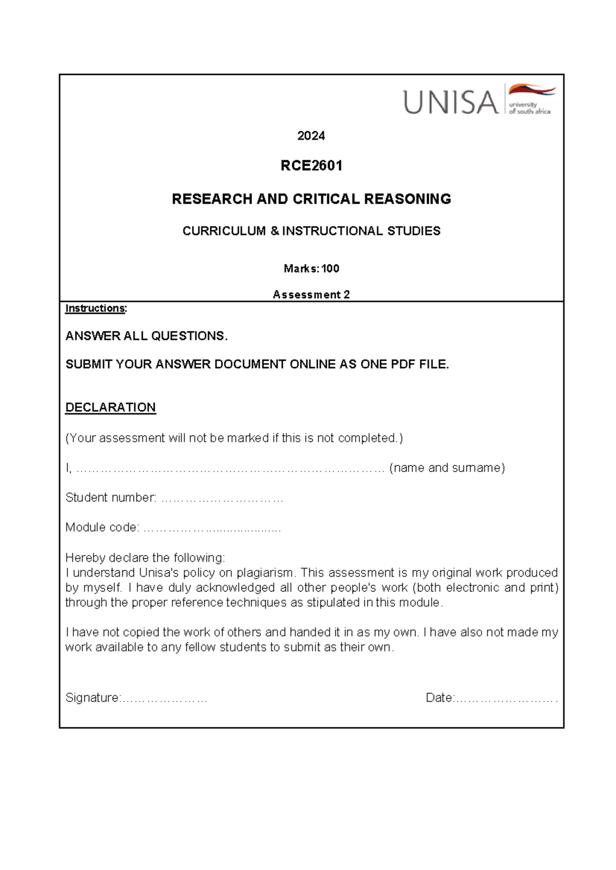 RCE2601 Assessment 2 2024 - RCE RESEARCH AND CRITICAL REASONING ...