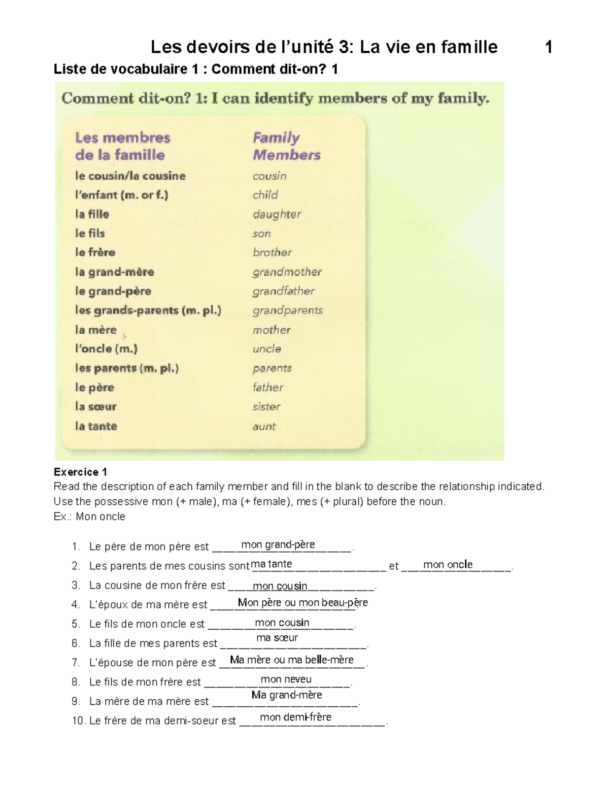 AJIA Lewis - EC1 U3 Les devoirs - Liste de vocabulaire 1 : Comment dit ...