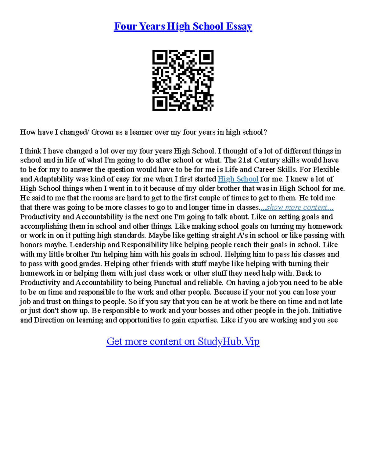 High School Essays Samples - Four Years High School Essay How have I ...