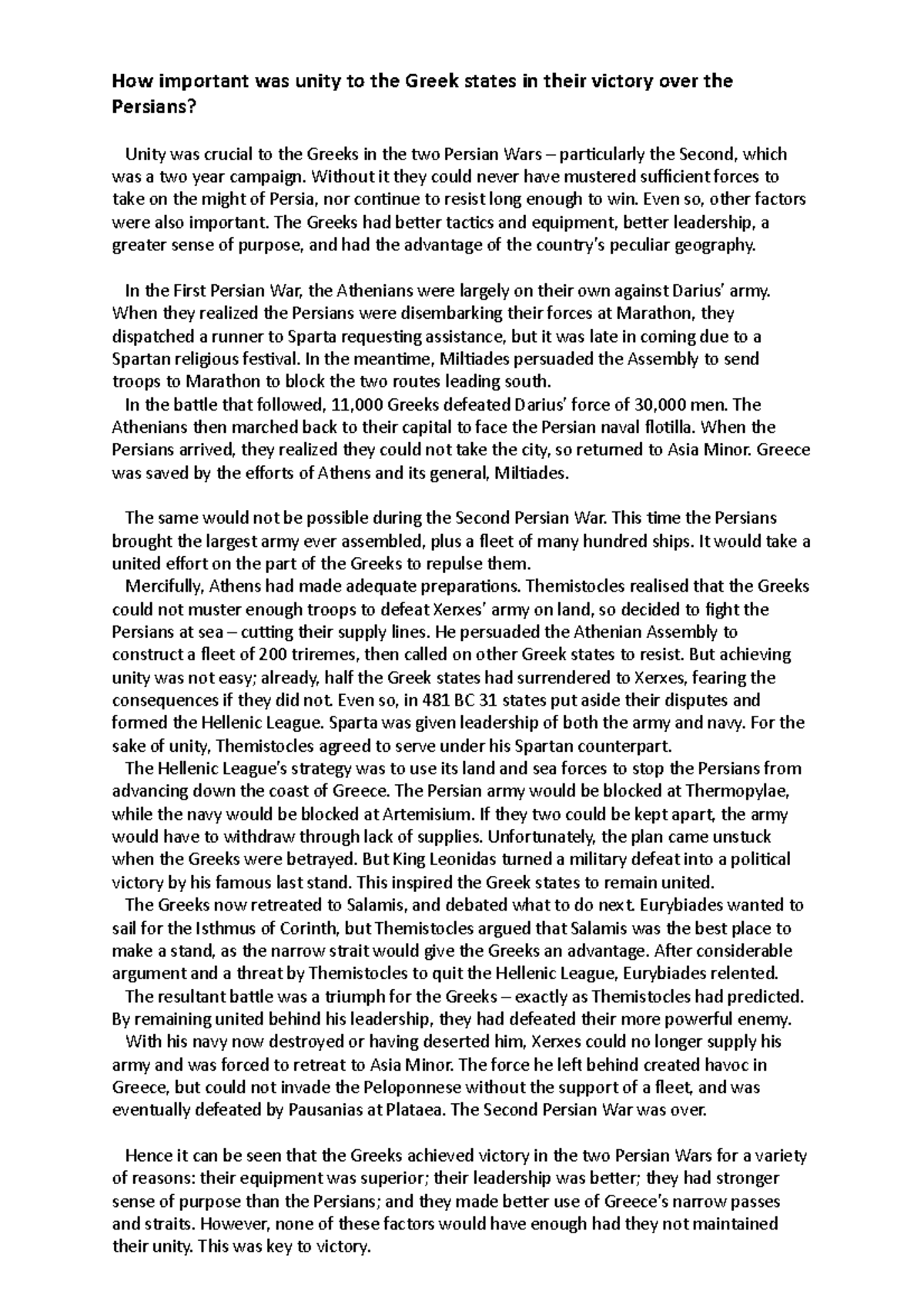 The importance of Greek unity in the Persian Wars - essay - How ...