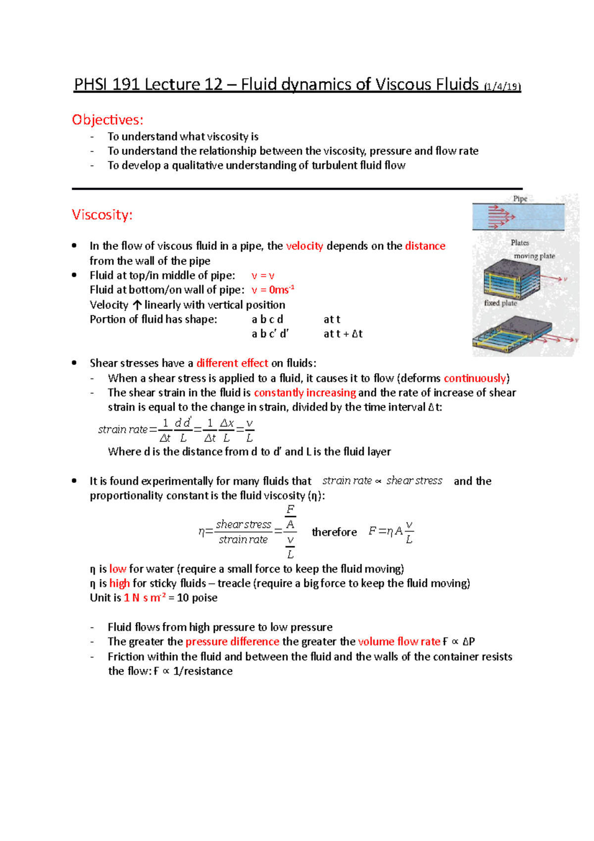 PHSI 191 Lecture 12 - PHSI191 - PHSI 191 Lecture 12 – Fluid dynamics of Viscous Fluids (1/4/19 ...