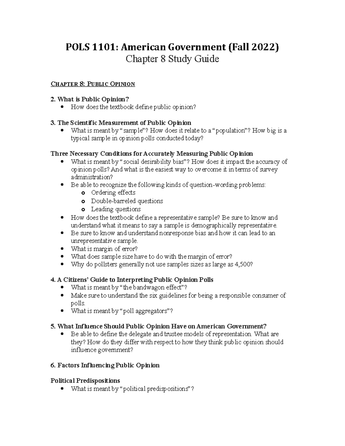 Exam 3, Ch. 8 Study Guide F22 - POLS 1101: American Government (Fall ...