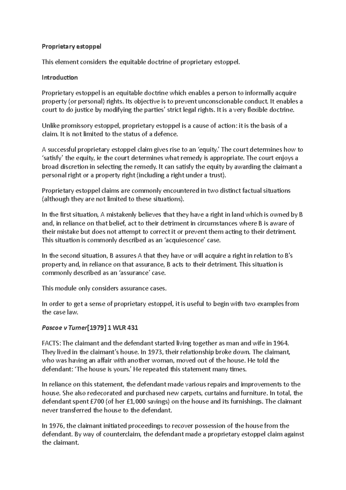 Proprietary estoppel - Lecture notes Week 9 - Lecture Notes ...