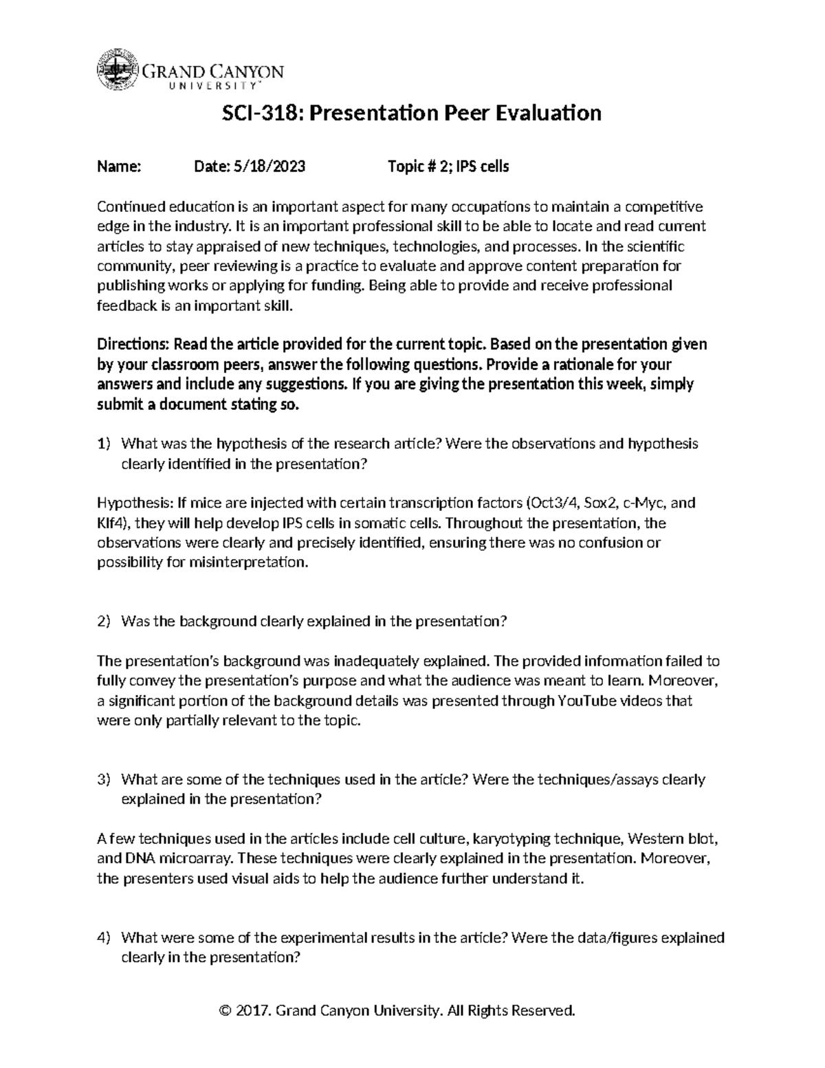 PEER EVAL NO. 1 - in-class peer review - SCI-318: Presentation Peer ...
