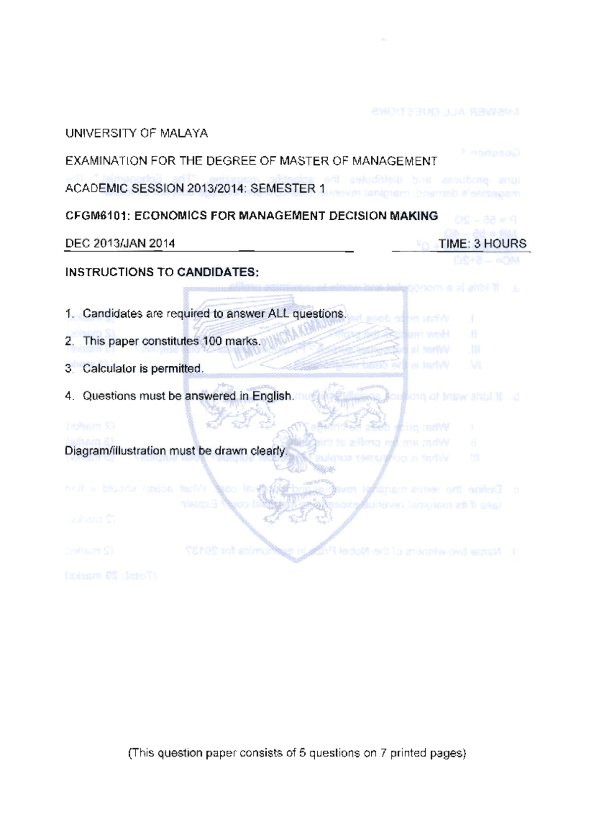 Exam January 2014, questions - UNIVERSITY OF MALAYA EXAMINATION FOR THE ...