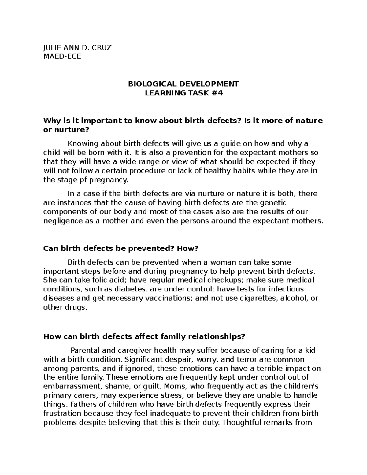 BIO- Learning TASK-4 - CRUZ- Julie ANN - JULIE ANN D. CRUZ MAED-ECE ...
