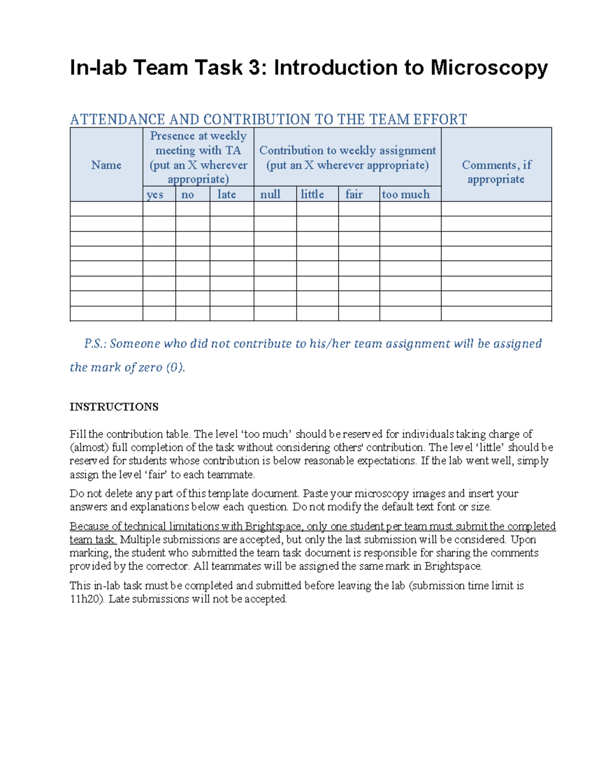Week 3 In Lab Task Template - In-lab Team Task 3: Introduction to Microscopy ATTENDANCE AND ...