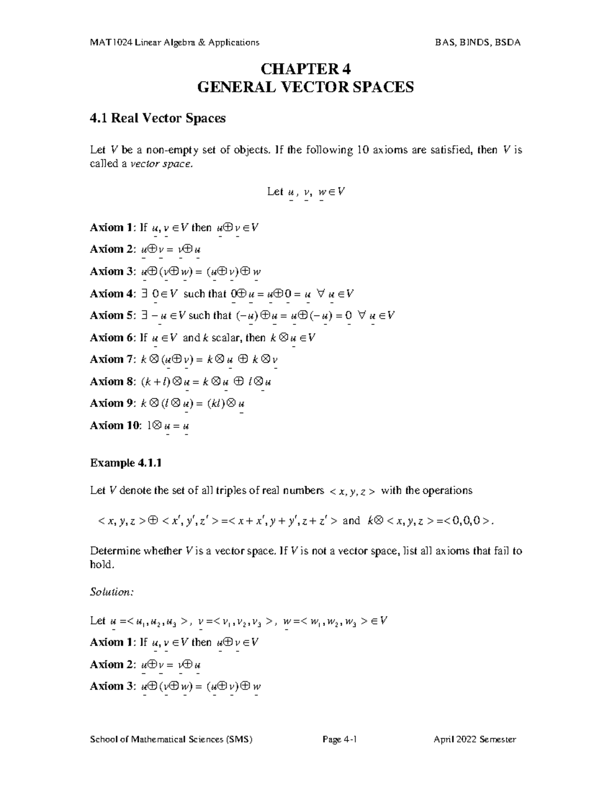 Lecture Notes (Chapter 4) MAT1024 LA - CHAPTER 4 GENERAL VECTOR SPACES ...