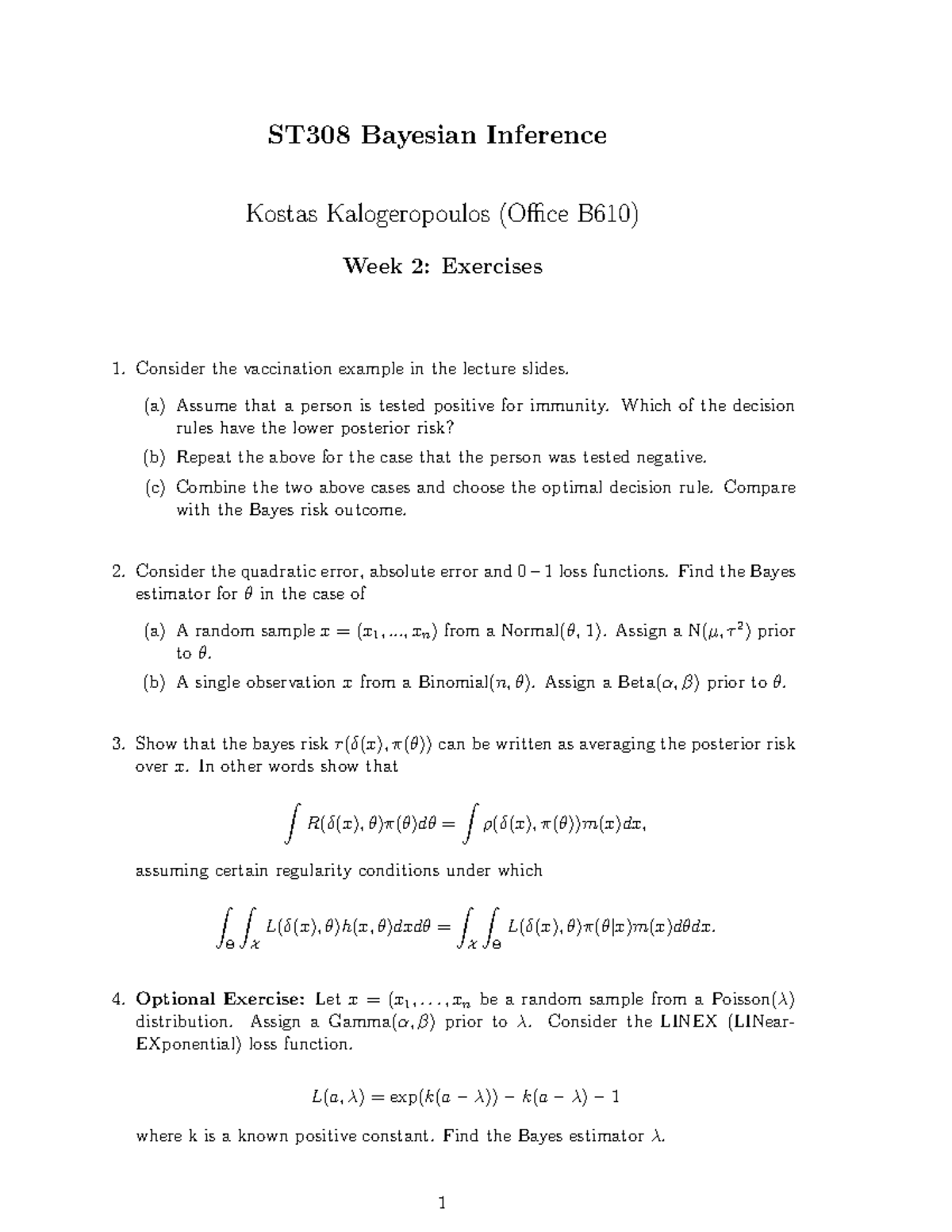 Problem Set Week 02 - ST308 Bayesian Inference Kostas Kalogeropoulos ...