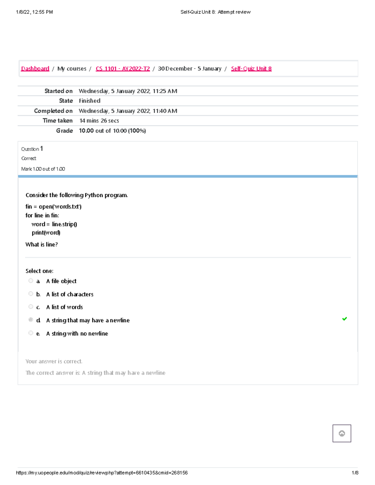 Self-Quiz Unit 8 Attempt review - Started on Wednesday, 5 January 2022, 11:25 AM State Finished ...