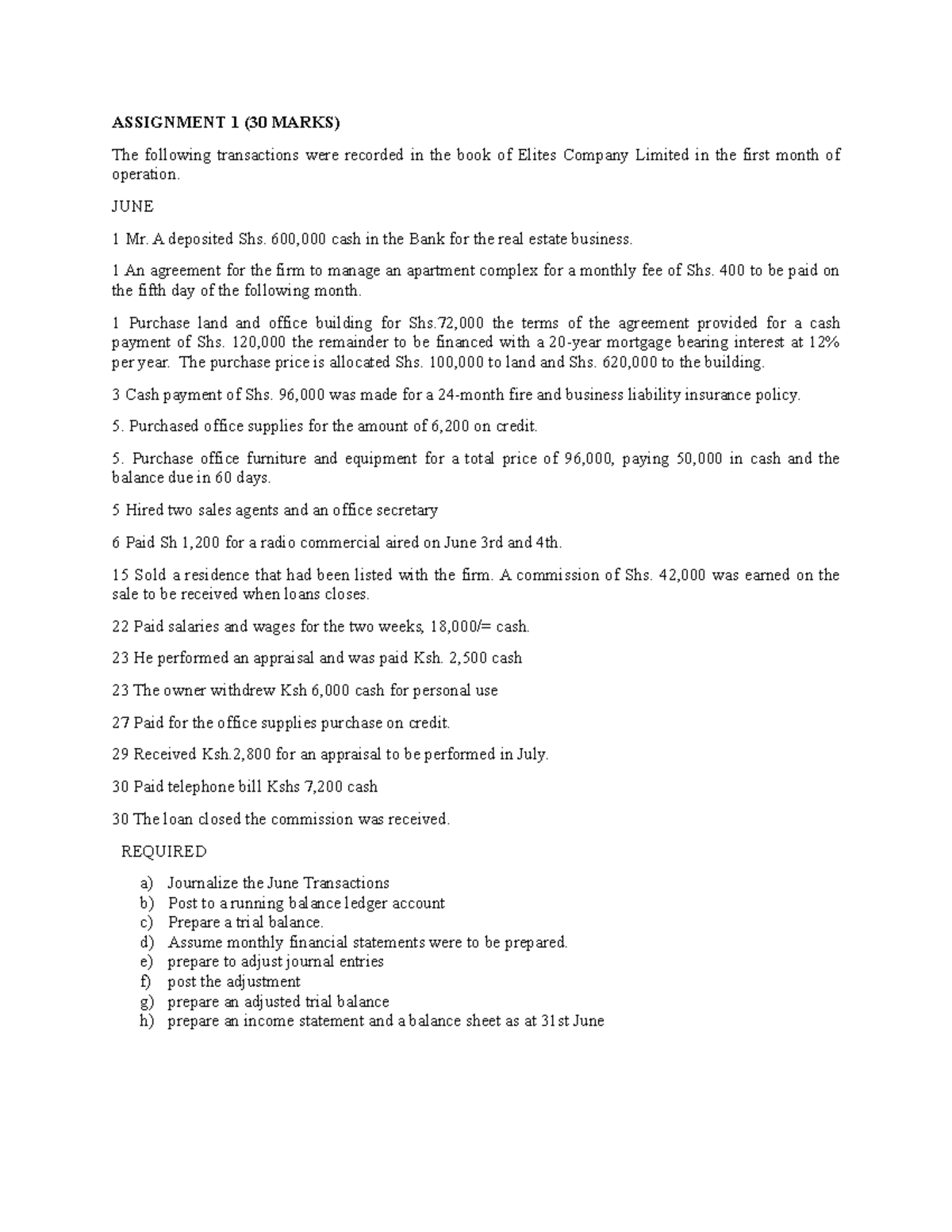 Introduction TO Accounting Assignment 1 - ASSIGNMENT 1 (30 MARKS) The ...