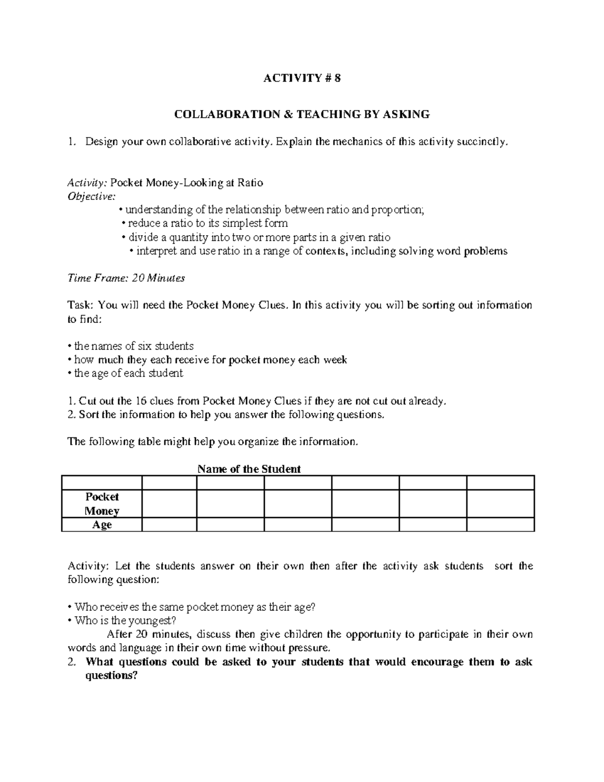 Collaboration and Teaching BY Asking - ACTIVITY # 8 COLLABORATION ...