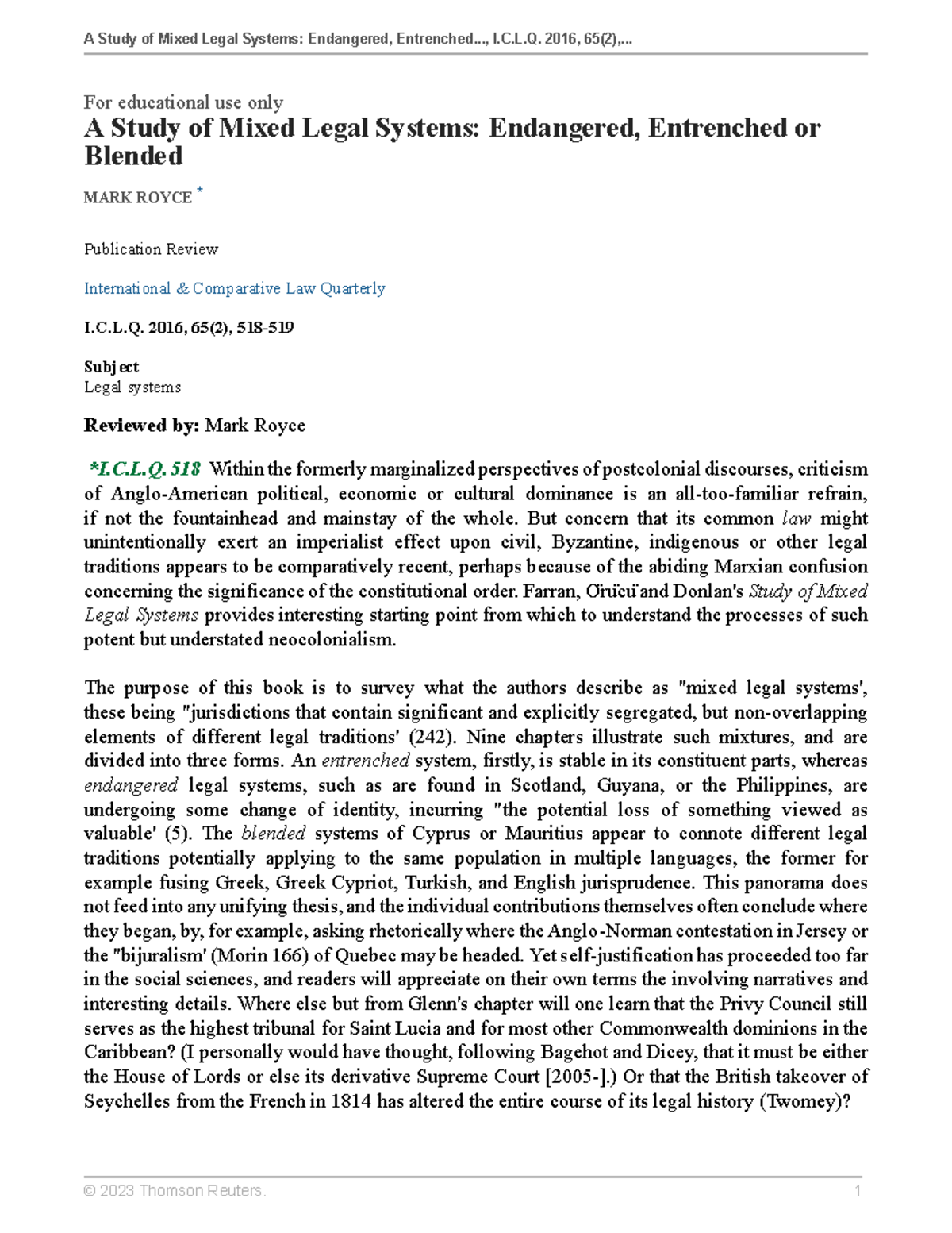 A Study of Mixed Legal Systems Endangered Entrenched or Blended - A ...