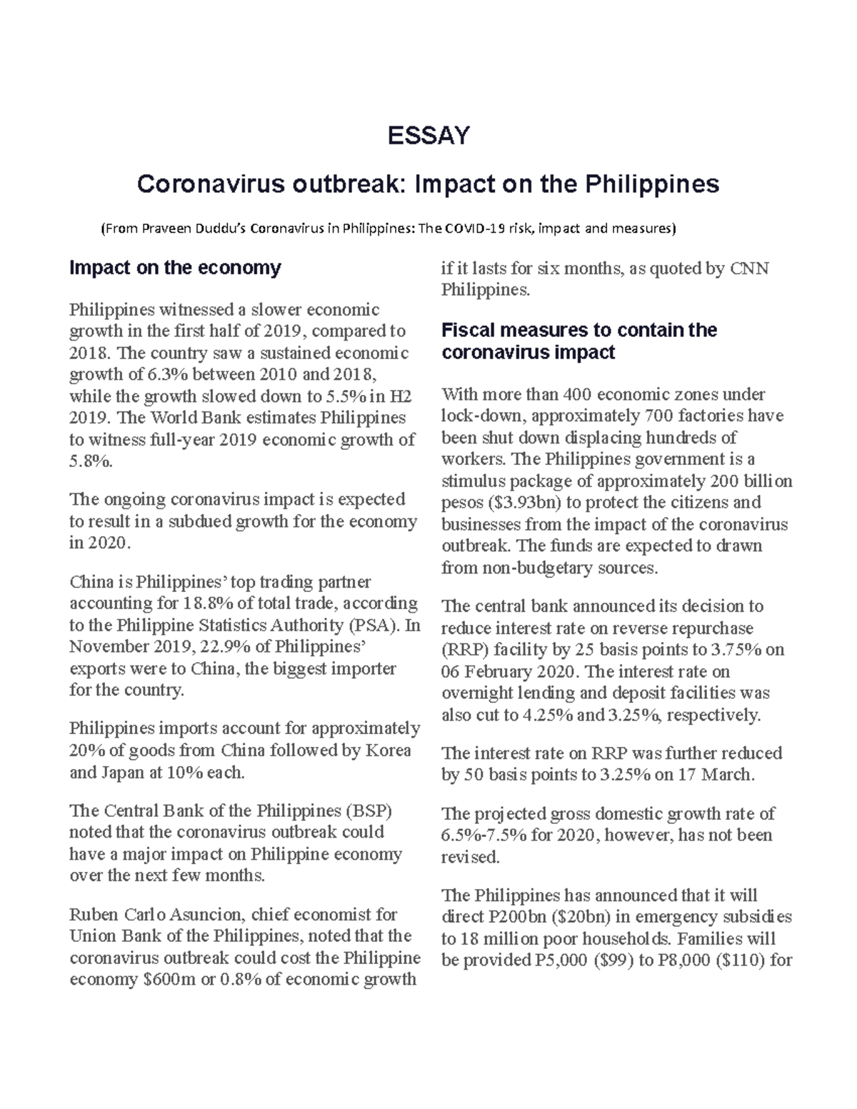 Coronavirus outbreak - reading material - ESSAY Coronavirus outbreak ...