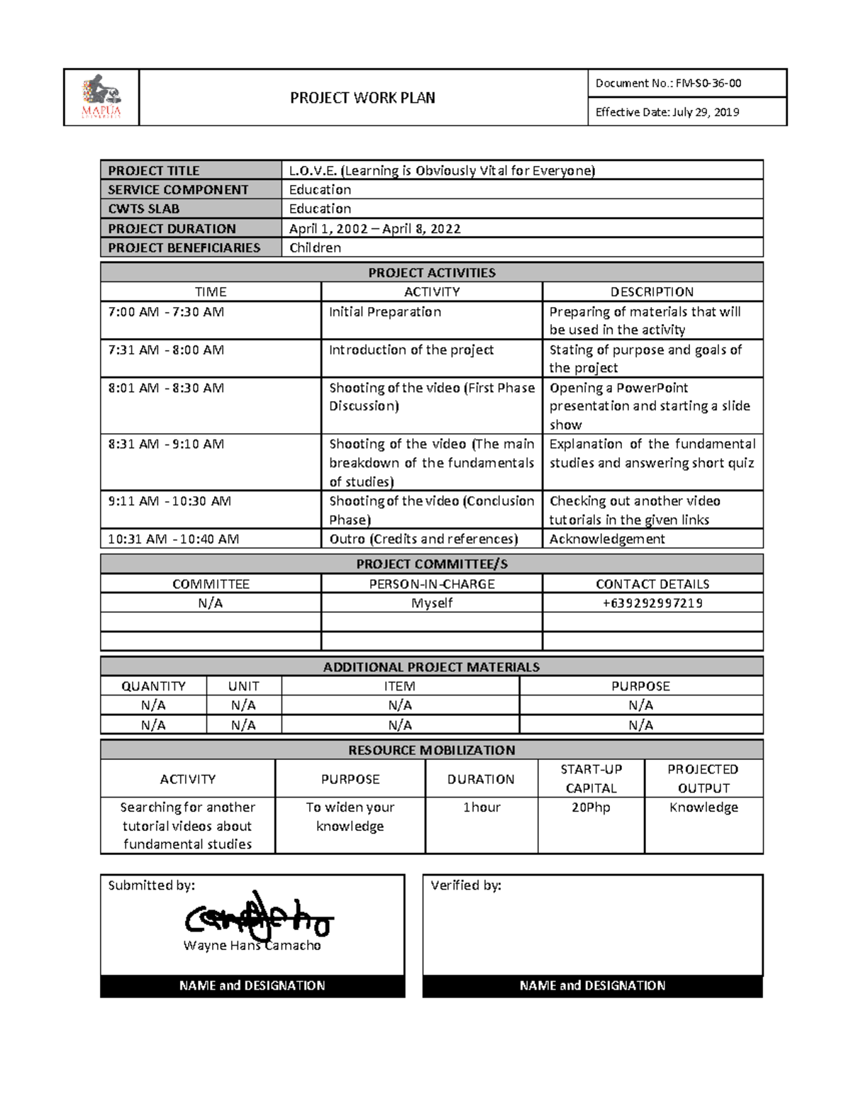 Camacho WH - CWTS102 Project Work Plan - PROJECT WORK PLAN Document No.: FM-S0-36- Effective ...