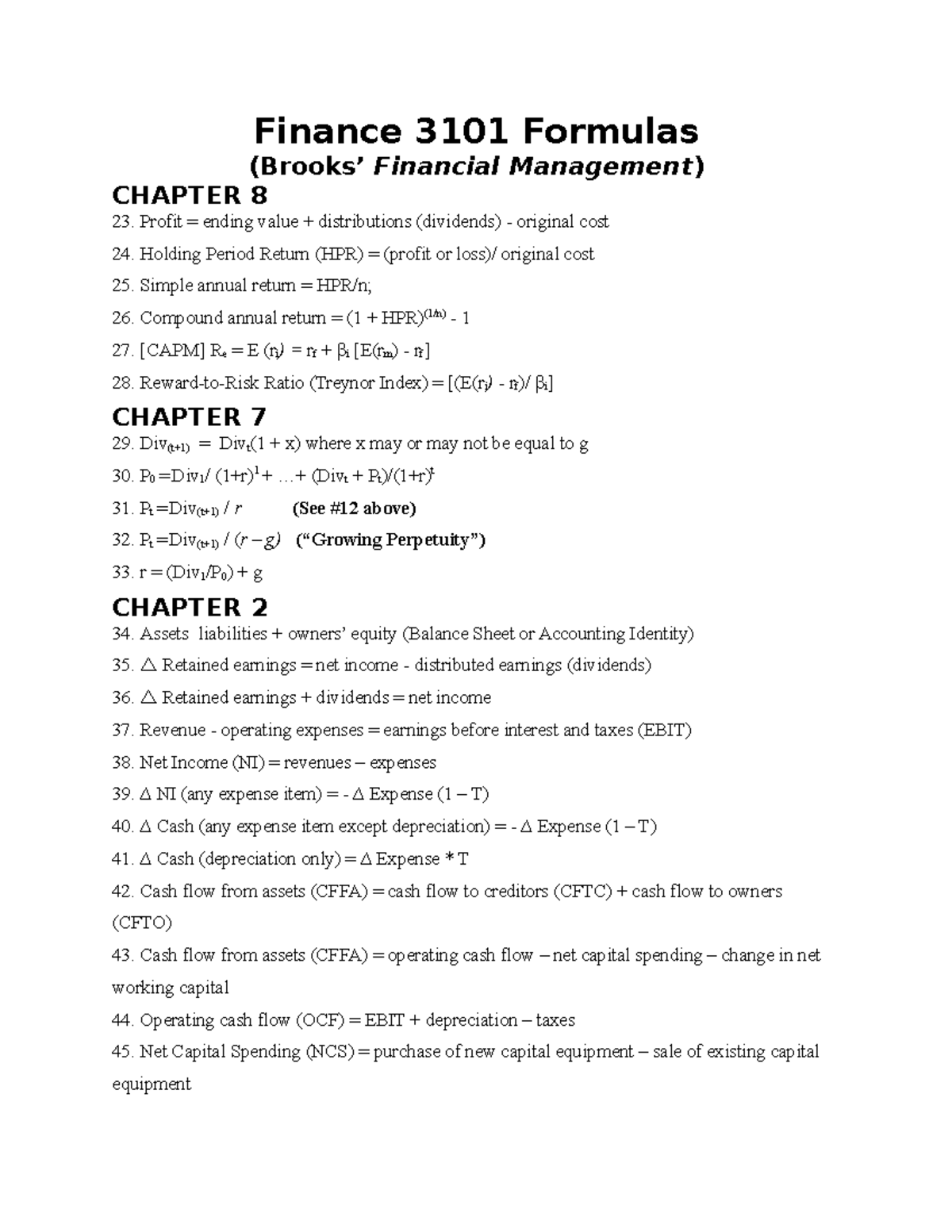 Finance 3101 Formulas - Sequence 2 - Finance 3101 Formulas (Brooks ...