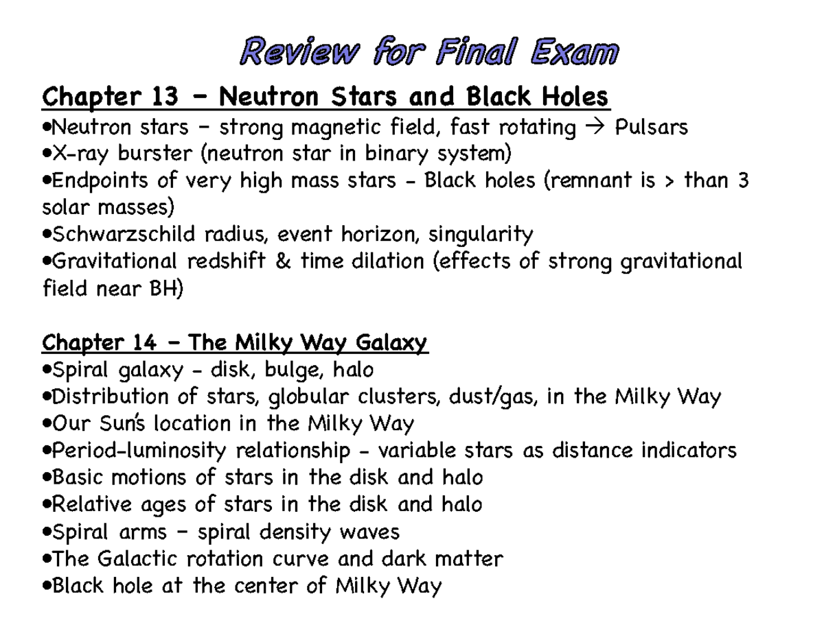 Final Exam - TEXT NOTES - Chapter 13 – Neutron Stars and Black Holes ...