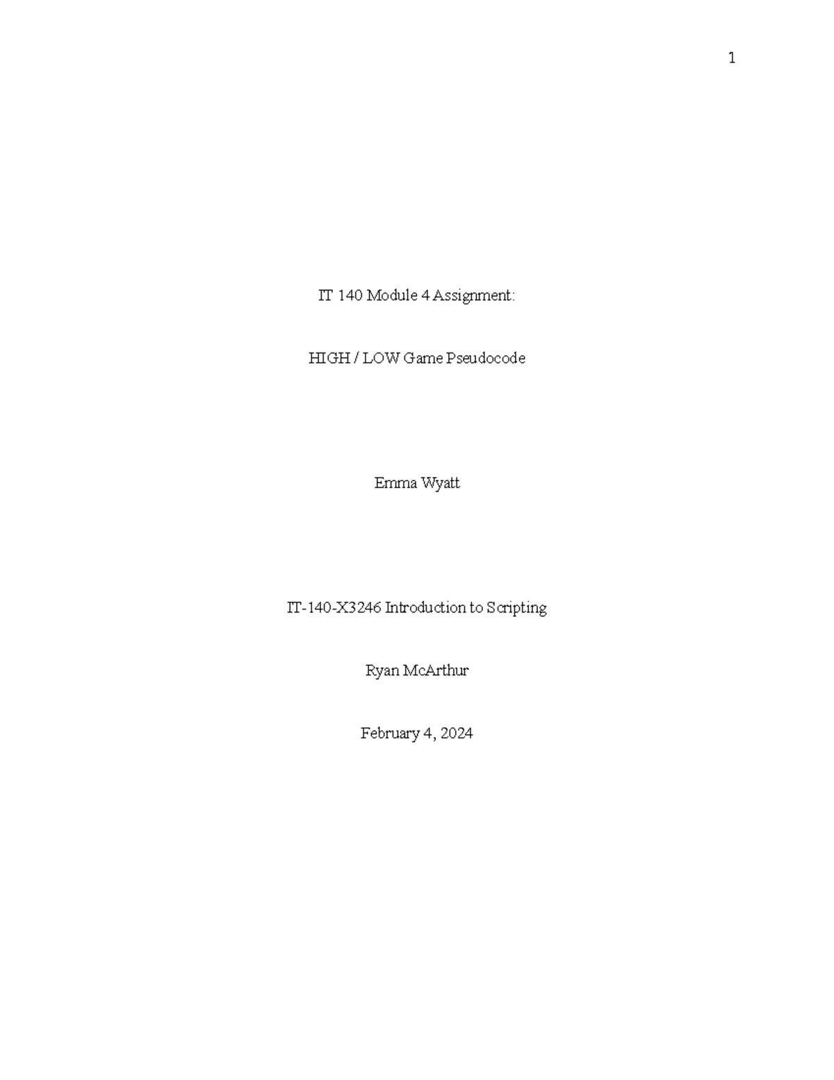 It 140 X3246 Module 4 Document It 140 Module 4 Assignment High Low Game Pseudocode Emma