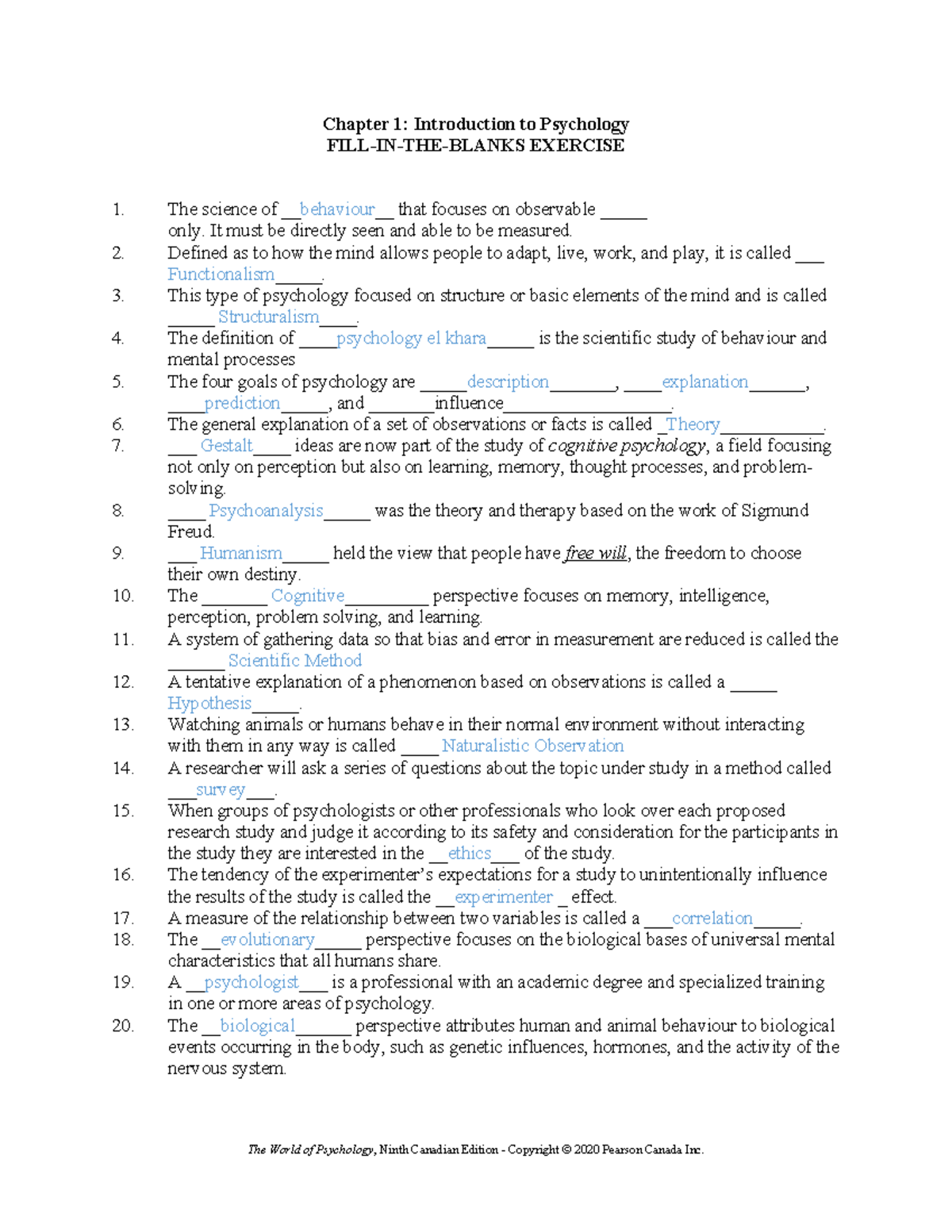 Chapter 1 - Fill in the blanks - Chapter 1: Introduction to Psychology ...