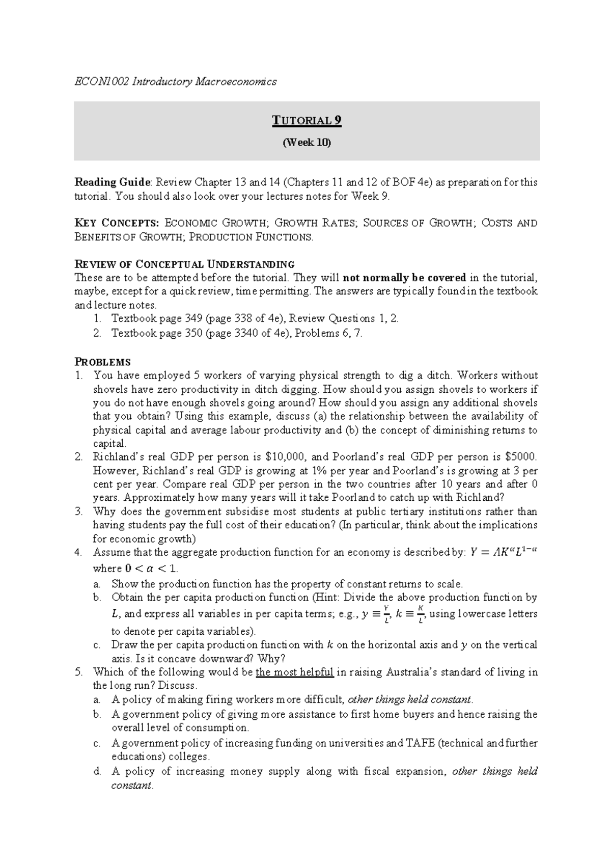 Tutorial 09 Questions - ECON1002 Introductory Macroeconomics Reading Guide: Review Chapter 13 ...