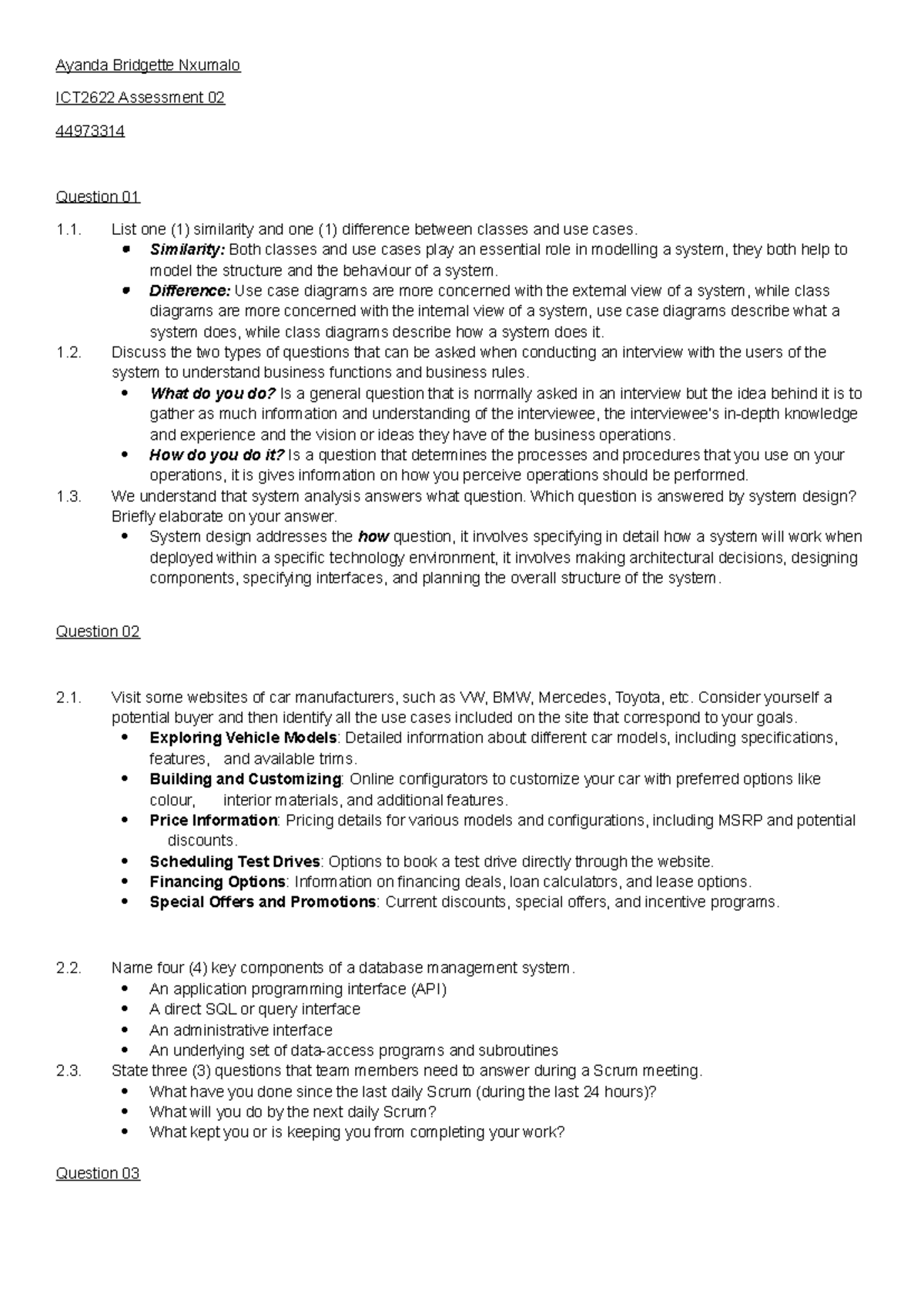 ICT2622 Assessment 02 2024 - Ayanda Bridgette Nxumalo ICT2622 Assessment 02 44973314 Question 01 ...