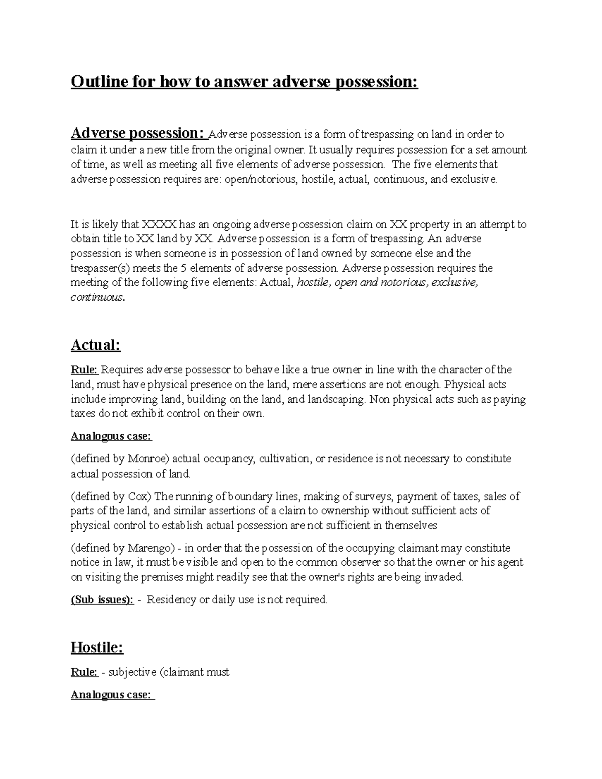 Outline for how to answer adverse possession - It usually requires ...