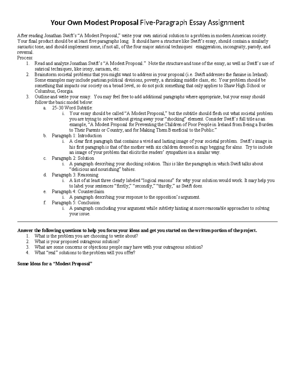 Your Own Modest Proposal Five-Paragraph Essay Assignment - Your final ...