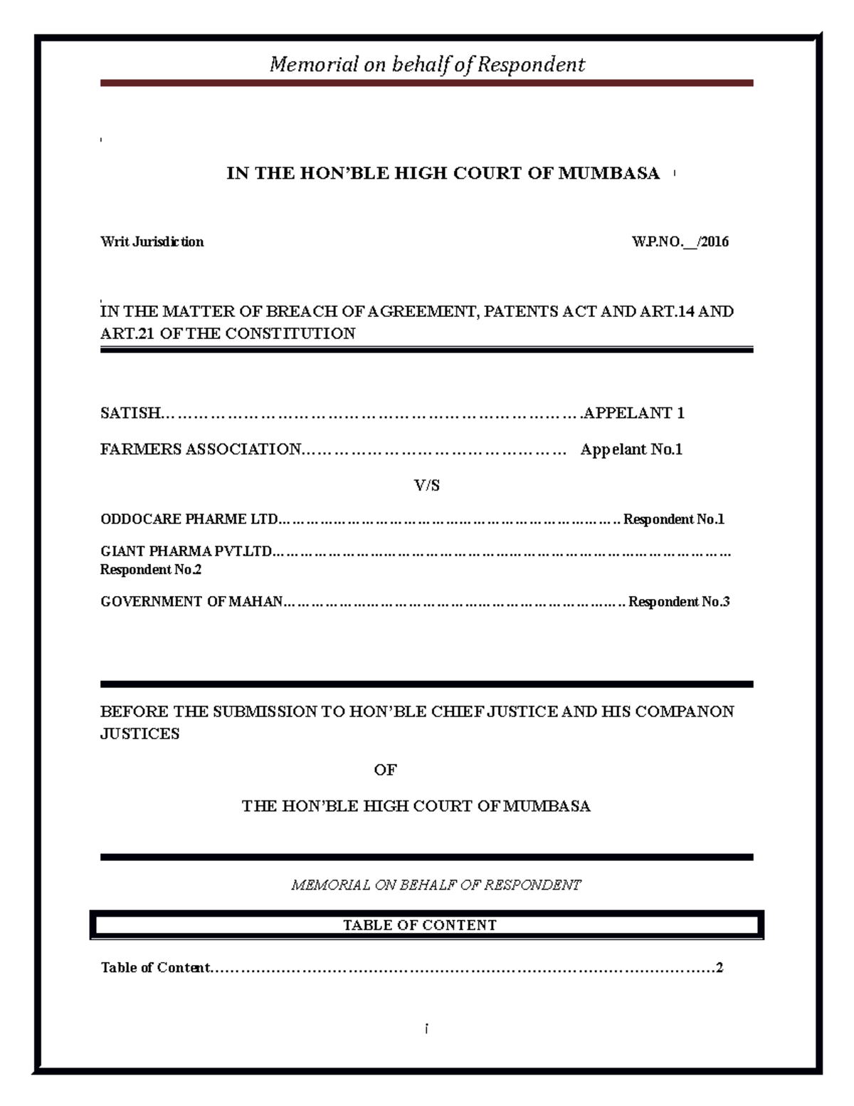 Memorandum A. 14 Consti - IN THE HON’BLE HIGH COURT OF MUMBASA Writ ...