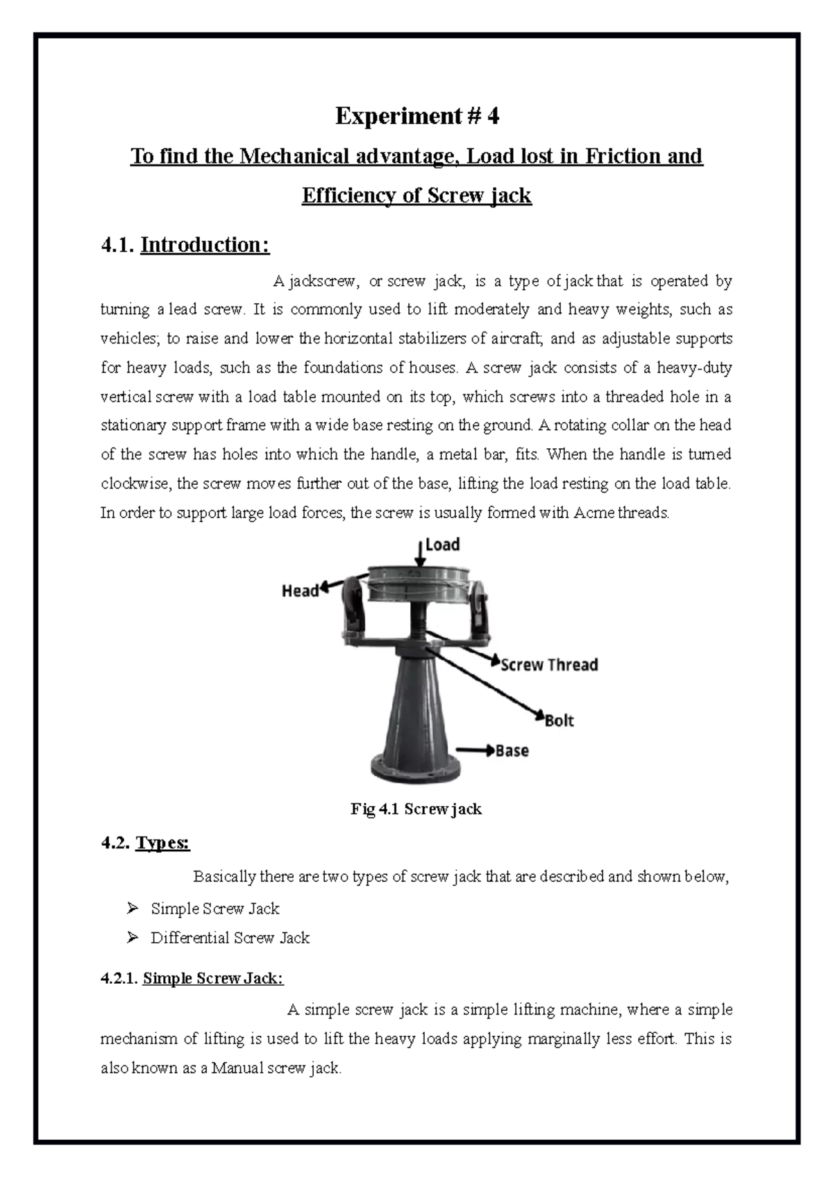 Experiment - Lab report - Experiment # 4 To find the Mechanical ...