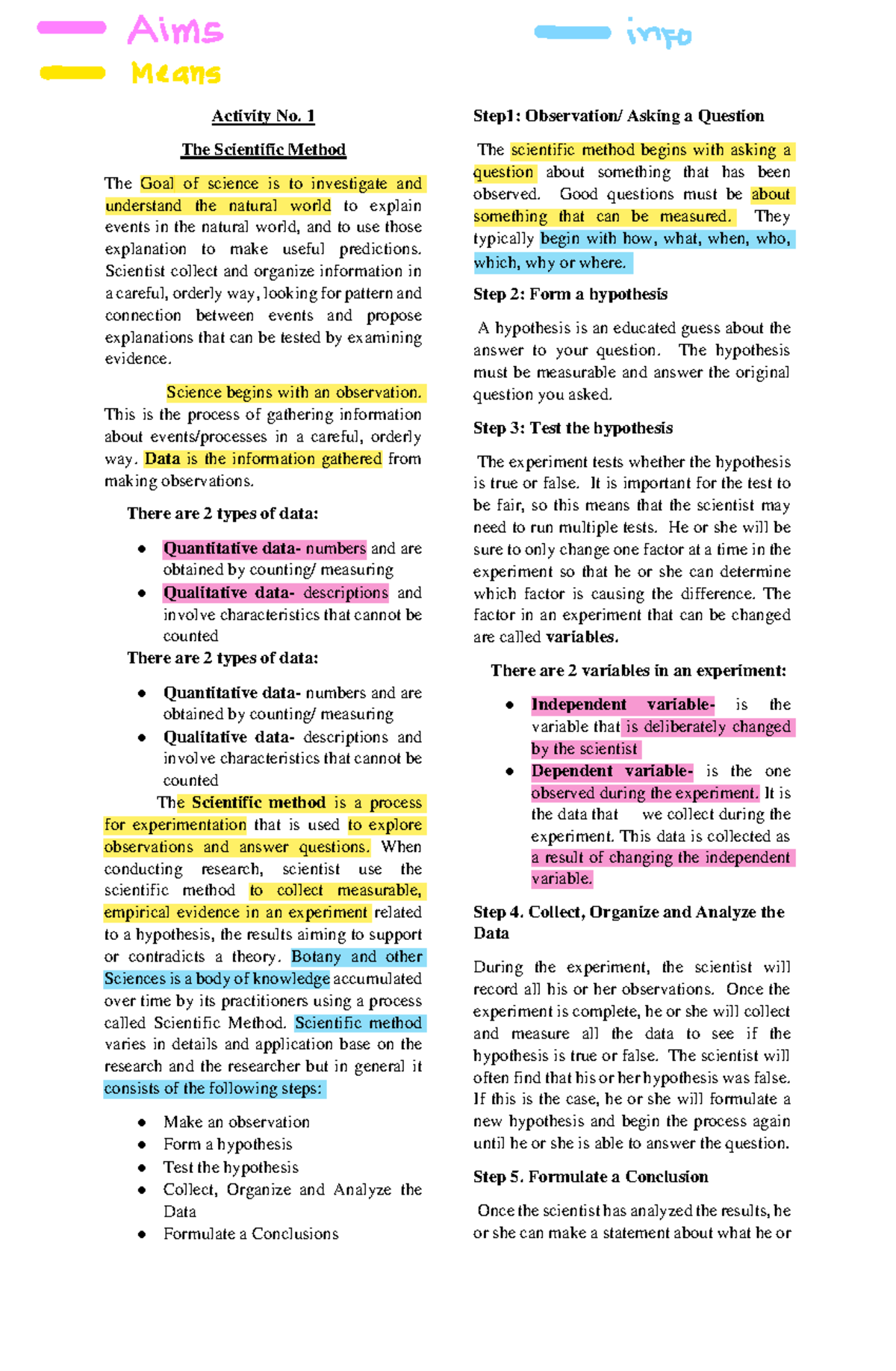 Botany LAB 1 Reviewer - Scientific Method, Organic Compounds ...
