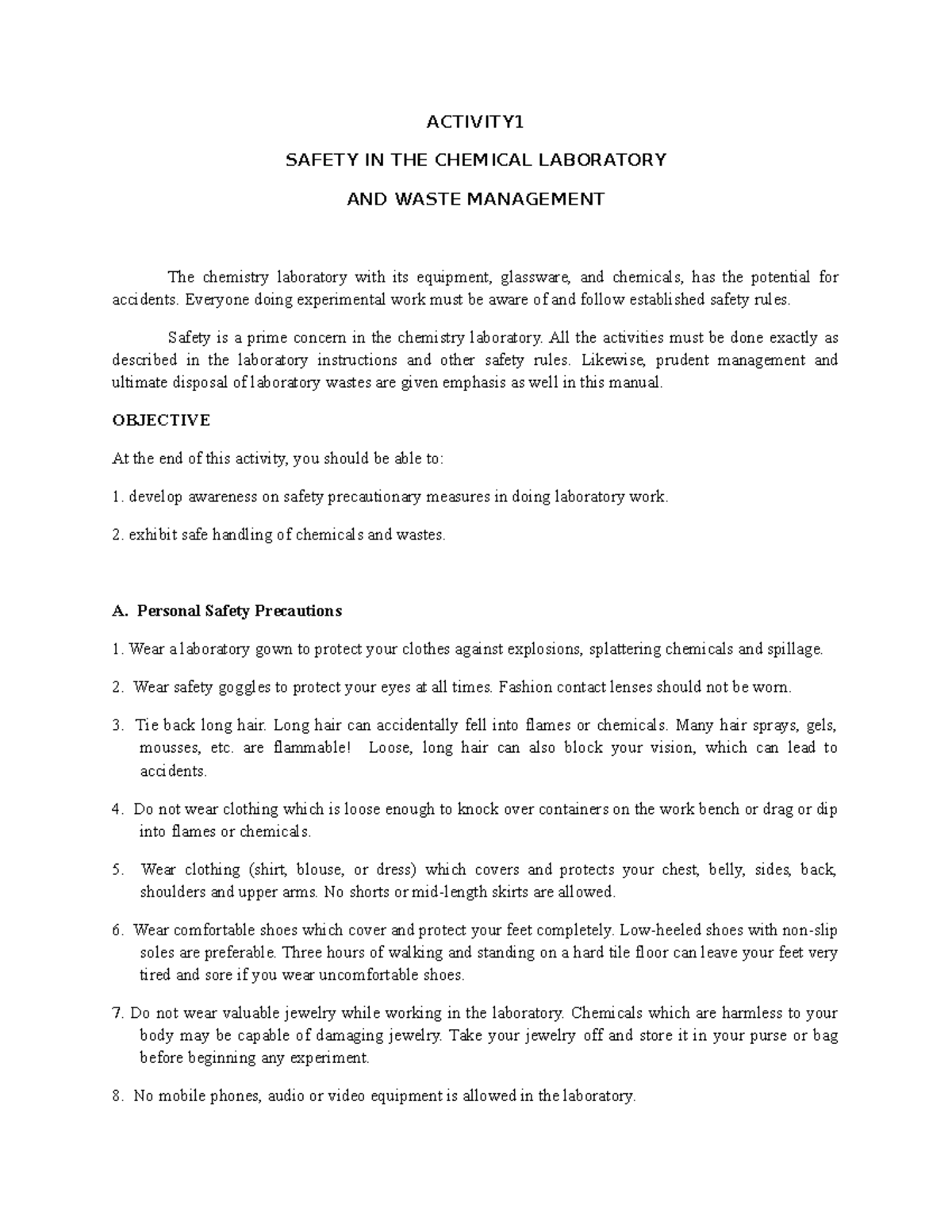 Safety IN THE Chemical Laboratory BIOCHEMISTRY - ACTIVITY SAFETY IN THE ...