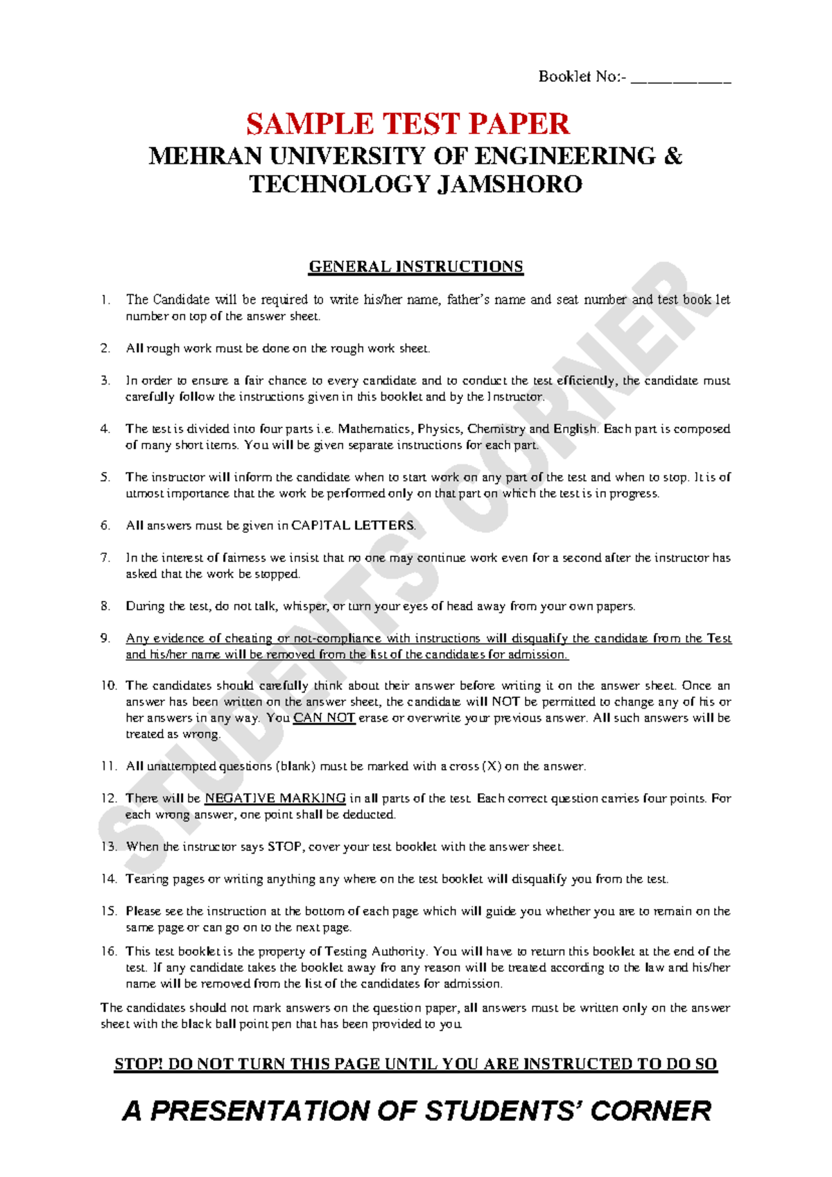 Mehran University Sample Test Paper - Booklet No:- ____________ SAMPLE ...