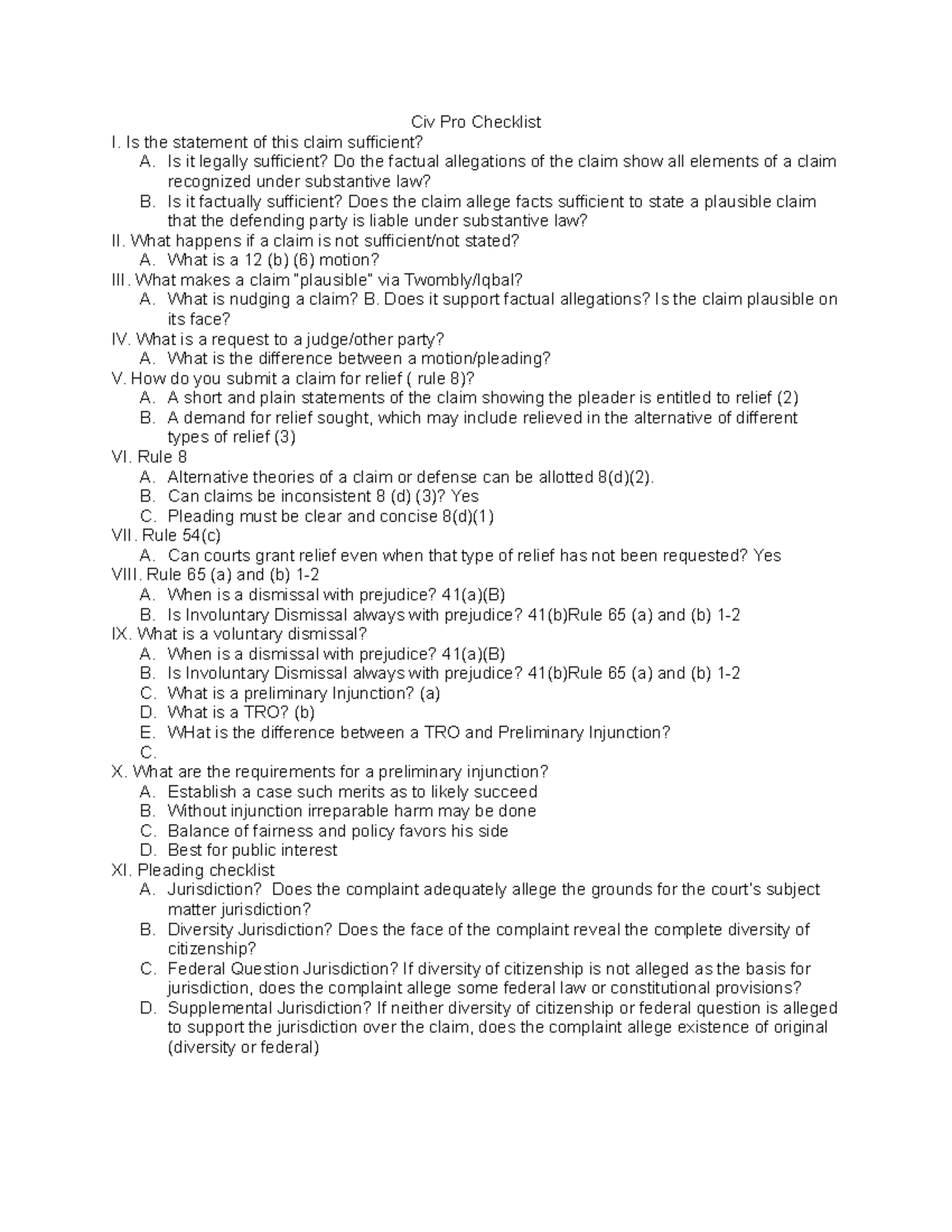 Civ Pro Checklist - Is the statement of this claim sufficient? A. Is it ...