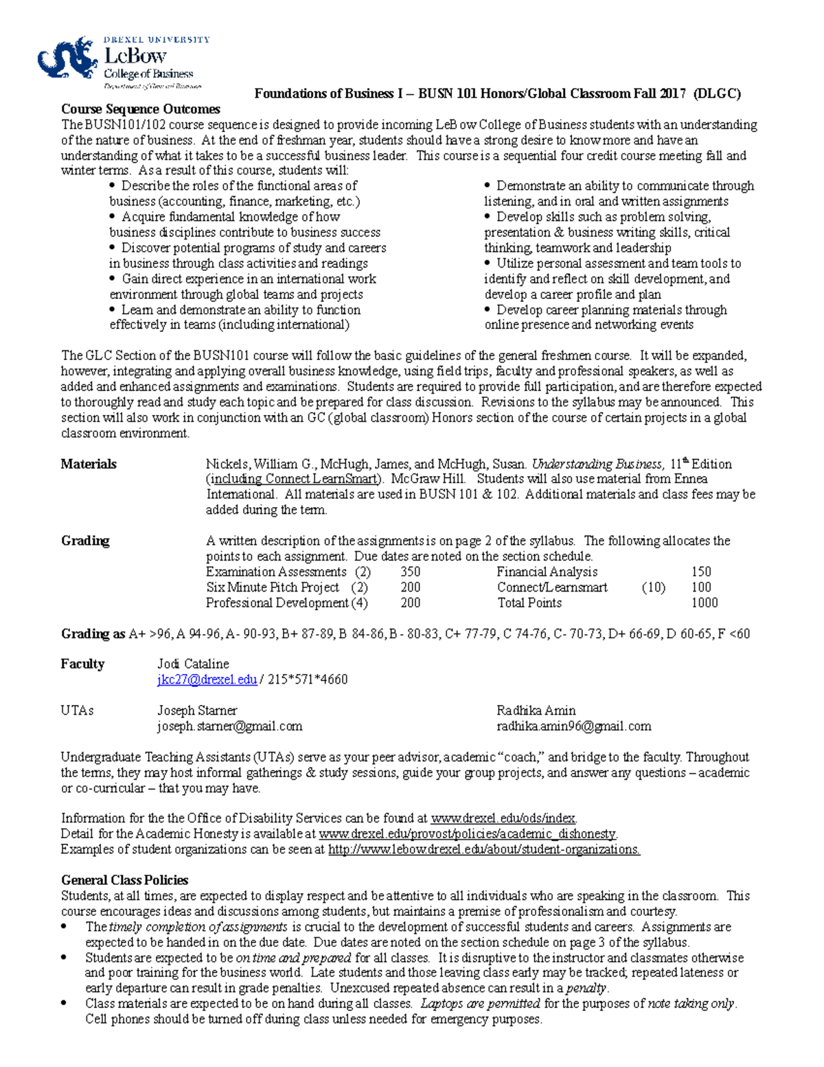 BUSN 101 - Syllabus - Foundations of Business I - BUSN 101 Honors ...