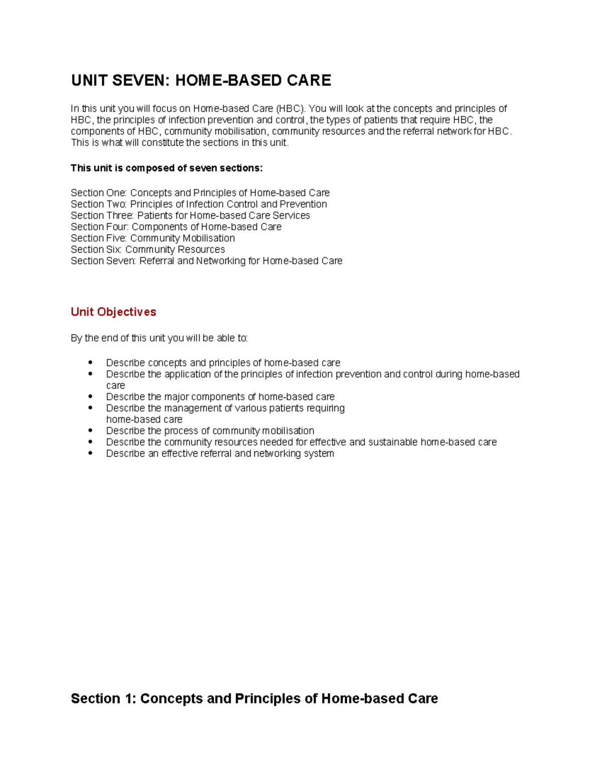 UNIT 7 HOME Based CARE Notes - UNIT SEVEN: HOME-BASED CARE In this unit ...