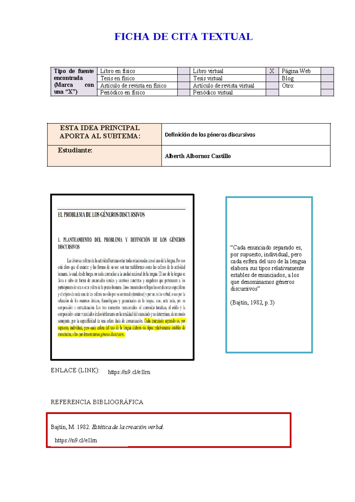 Ficha DE CITA Textual - Definición DE LOS Géneros Discursivos - FICHA ...