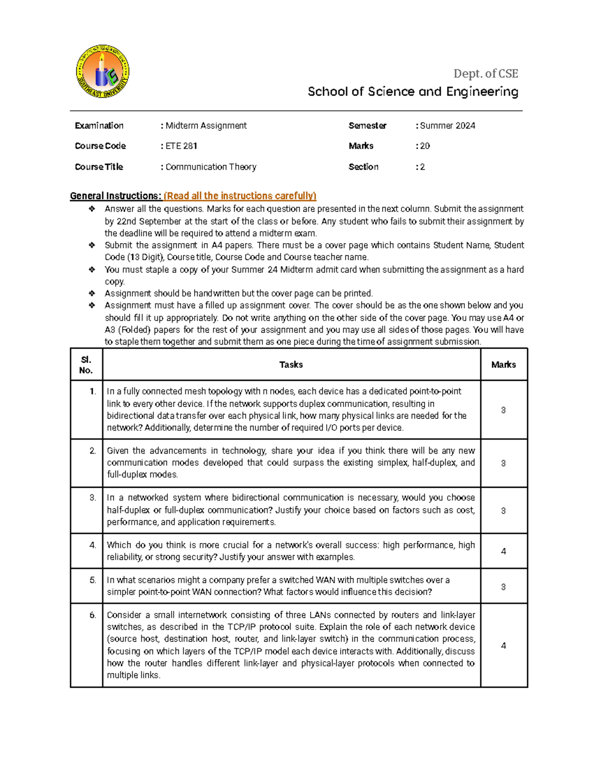 ETE assignment - Dept. of CSE School of Science and Engineering ...